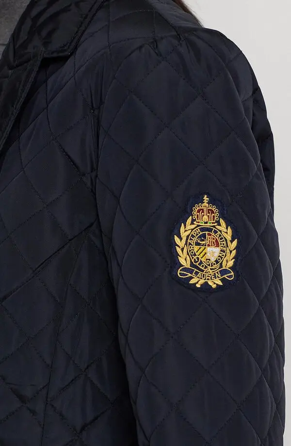 Ralph Lauren Crest Embroidered Quilted Double Breasted Coat - Dk Navy