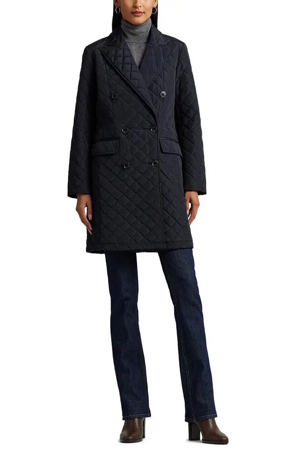 Ralph Lauren Crest Embroidered Quilted Double Breasted Coat - Dk Navy