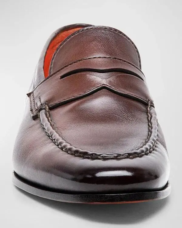 Santoni Burnished Leather Penny Loafers - Brown