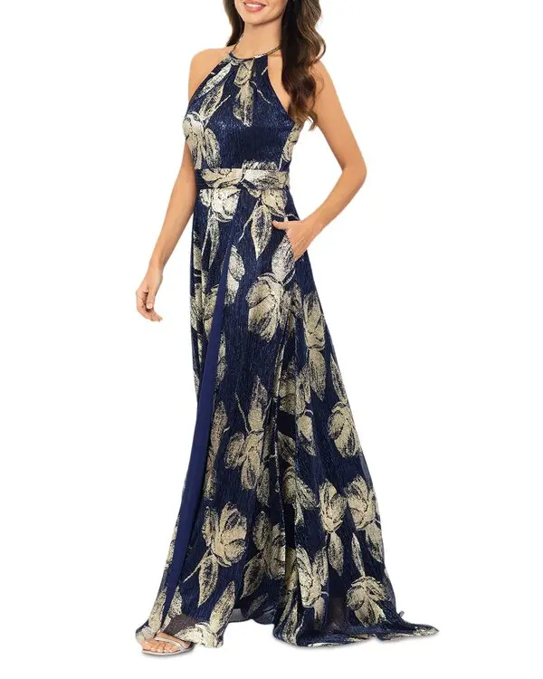 Aqua Floral Print Foil Halter Gown - Navy/gold
