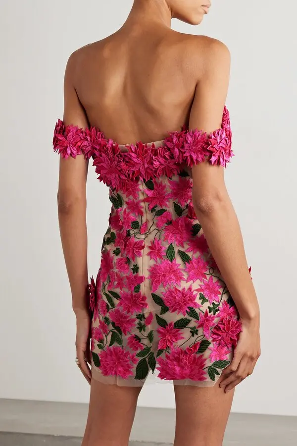 Oscar De La Renta Dahlia Off-The-Shoulder AppliquD Tulle Mini Dress In  Pink - 60% Off | Editorialist