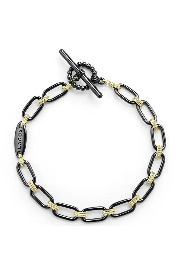 Lagos Signature Caviar 18k And Black Ceramic Link Bracelet - Gold
