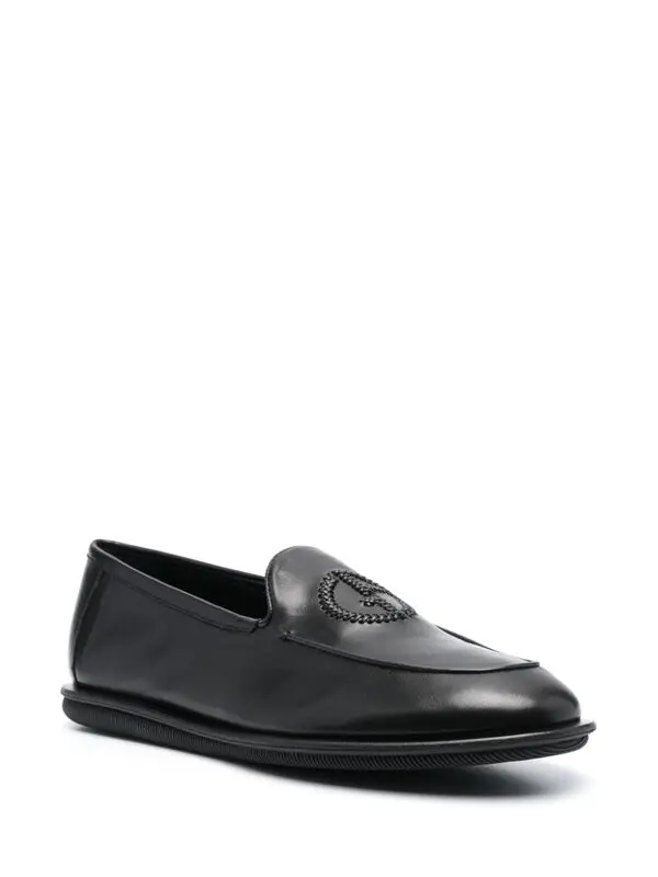 Giorgio Armani Logo-Embroidered Leather Loafers In Black  display picture 2