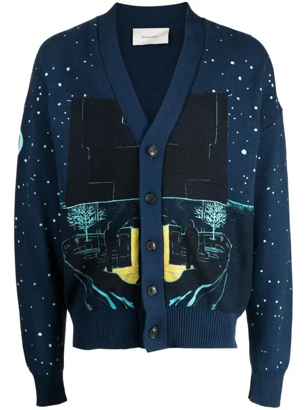 LIMITATO Illustration-style Pattern Cotton Cardigan - Blue