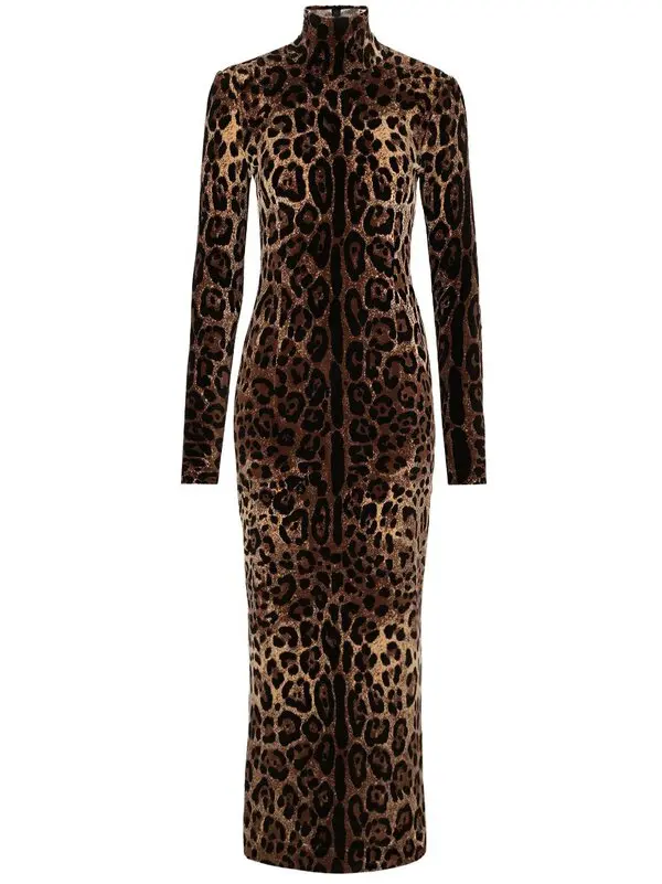 Dolce & Gabbana Leopard-print High-neck Midi Dress - Brown
