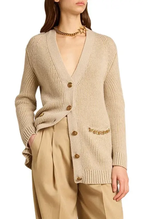 GOLDEN GOOSE Chain Detail Wool Blend Rib Cardigan