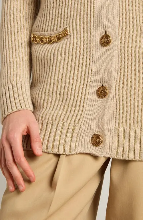 GOLDEN GOOSE Chain Detail Wool Blend Rib Cardigan