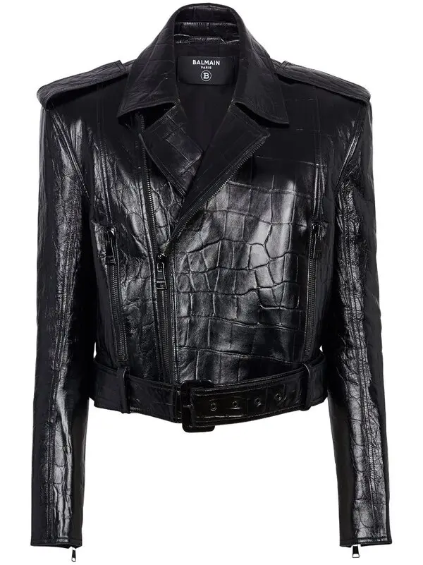 Balmain Croc-embossed Leather Biker Jacket