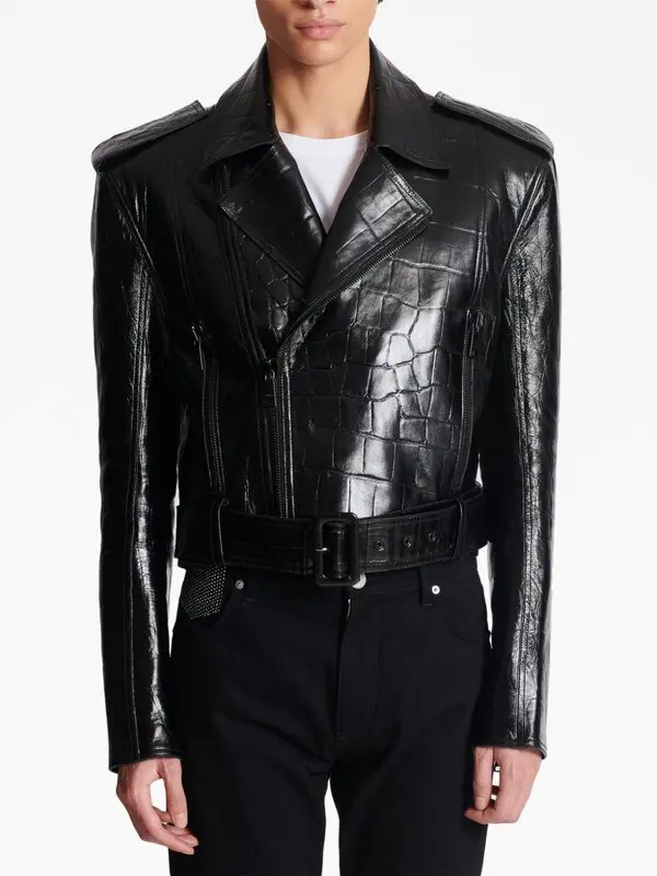 Balmain Croc-embossed Leather Biker Jacket