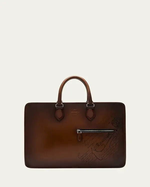 Berluti Deux Jours Scritto Swipe Leather Briefcase - Cacao Intenso
