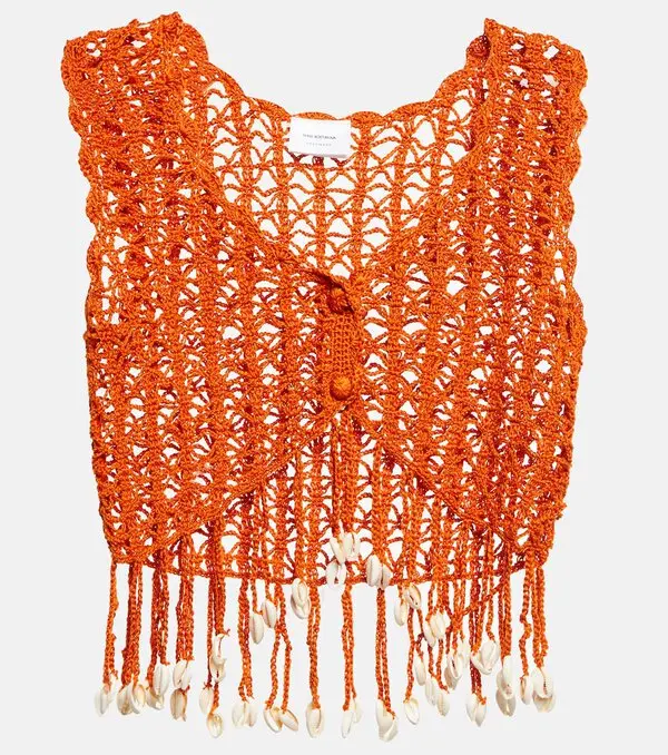 Anna Kosturova Embellished Crochet Crop Top - Orange