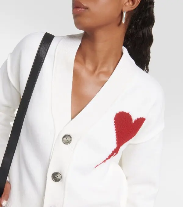 AMI Paris De Coeur Virgin Wool Cardigan - White