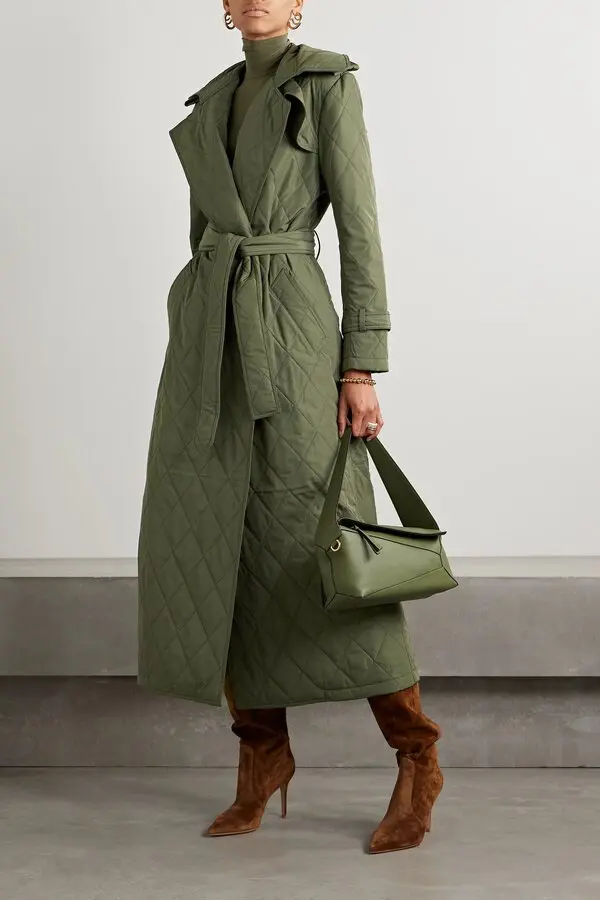 NORMA KAMALI ガウンコート裏起毛 モスグリーン Norma Kamali Belted Quilted Shell Trench Coat In Green - 50% Off