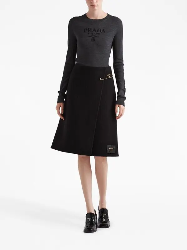 Prada Safety Pin Embellished Wool Midi Skirt