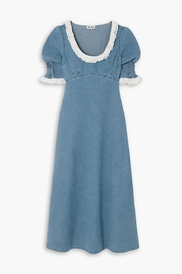 Rixo Juliette Broderie Anglaise-Trimmed Denim Midi Dress Blue In Mid Denim  - 50% Off | Editorialist