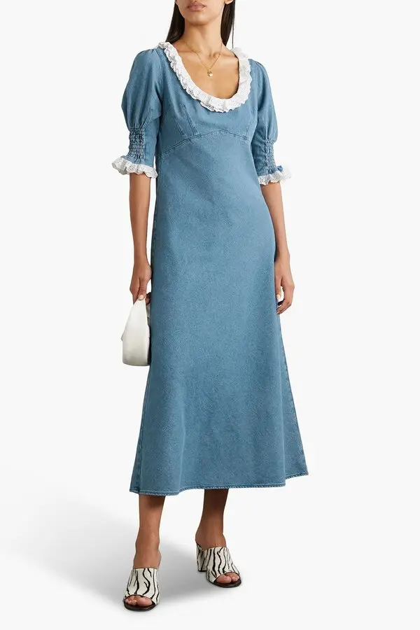 rixo denim dress Rixo Juliette Broderie Anglaise-Trimmed Denim Midi Dress Blue In Mid Denim  - 50% Off