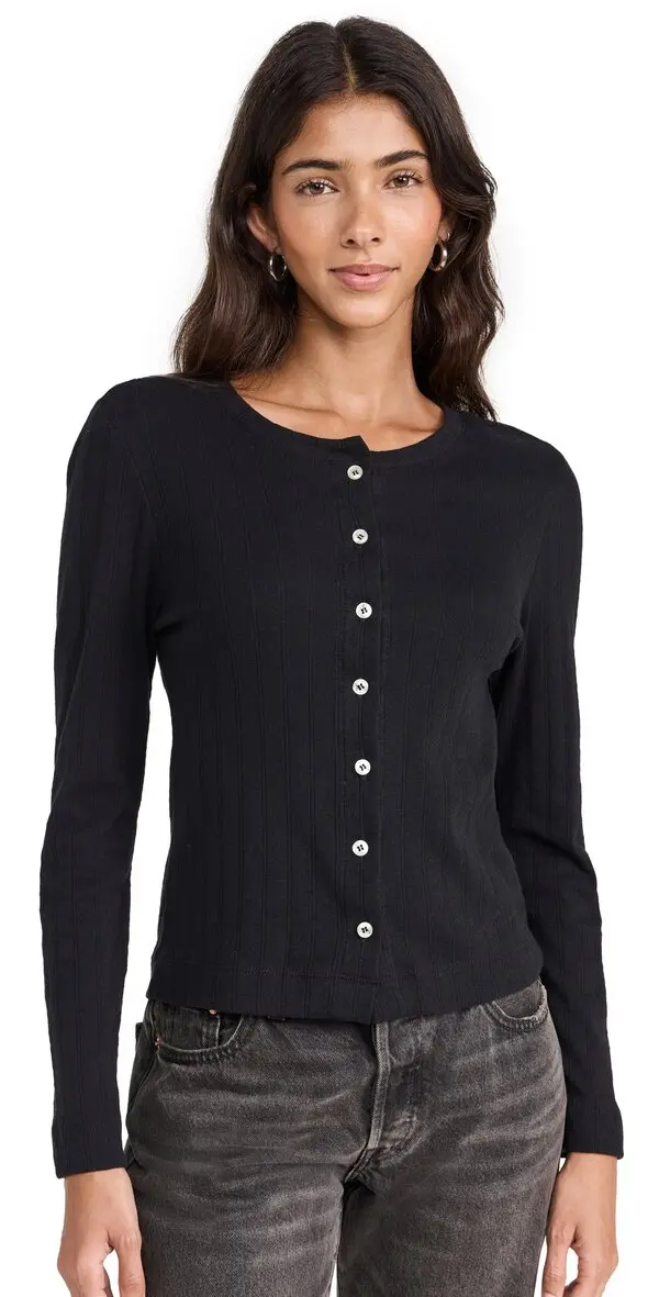 LESET Pointelle Classic Crew Cardigan - Black
