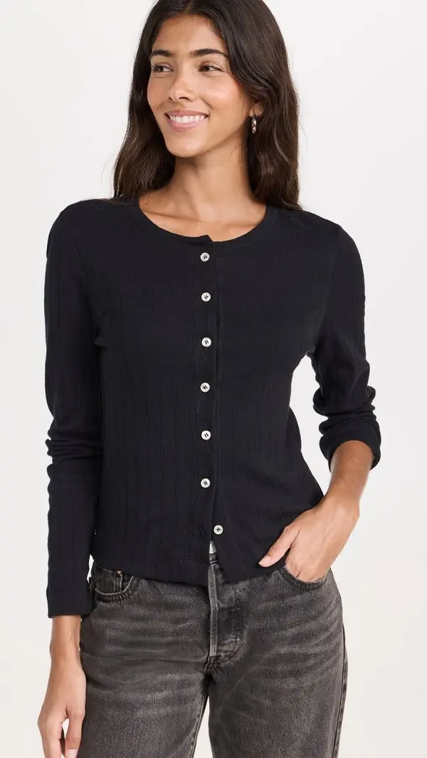 LESET Pointelle Classic Crew Cardigan - Black