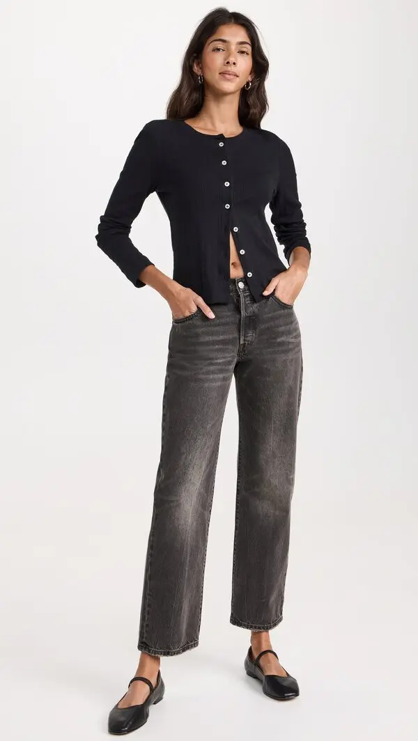 LESET Pointelle Classic Crew Cardigan - Black
