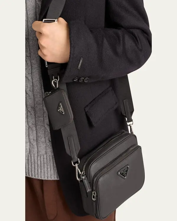 Prada Saffiano Leather Crossbody Bag With Pouch - Grey Black