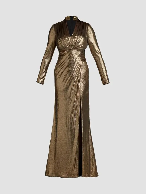 Tadashi Shoji Plus Metallic Jersey V-neck Gown - Bronze