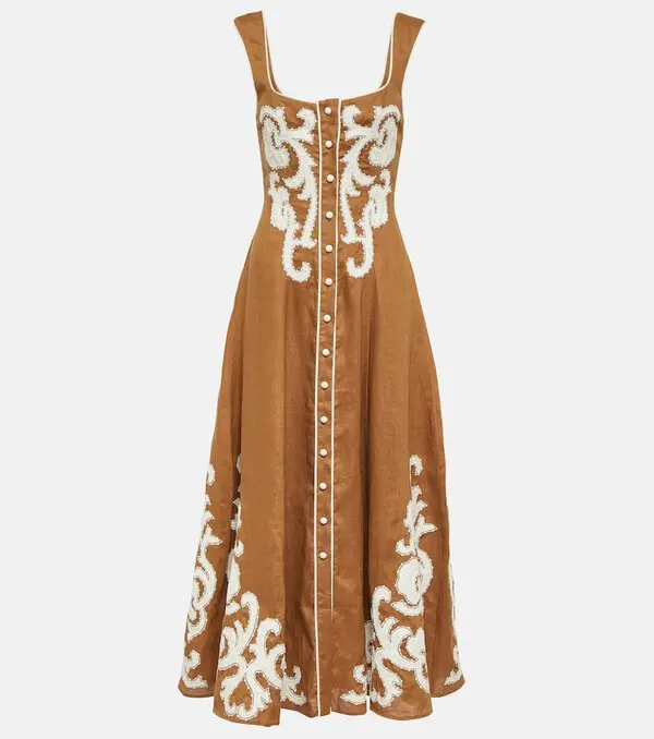 ALEMAIS Alémais Ruby Appliqué Linen Midi Dress