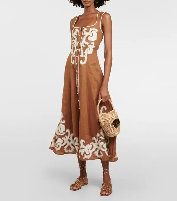 ALEMAIS Alémais Ruby Appliqué Linen Midi Dress