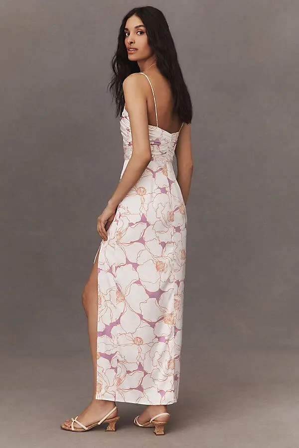 hutch luxe sleeveless ruched side-slit satin maxi dress Hutch Sleeveless Ruched Side-Slit Satin Maxi Dress - Copper Block Print  Plumenia