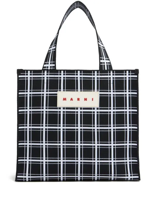 Marni Logo-appliqué Checked Tote Bag - Black