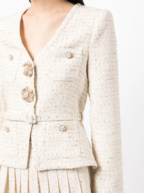 cream metallic boucle mini jacket dress SelfPortrait Cream Metallic Boucle Mini Jacket Dress M