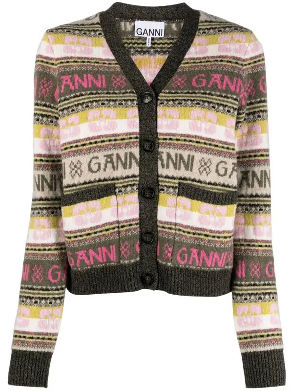 GANNI Logo Intarsia-knit V-neck Cardigan - Green
