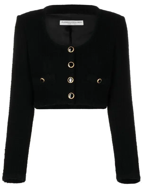 Alessandra Rich Cropped Bouclé Jacket - Black