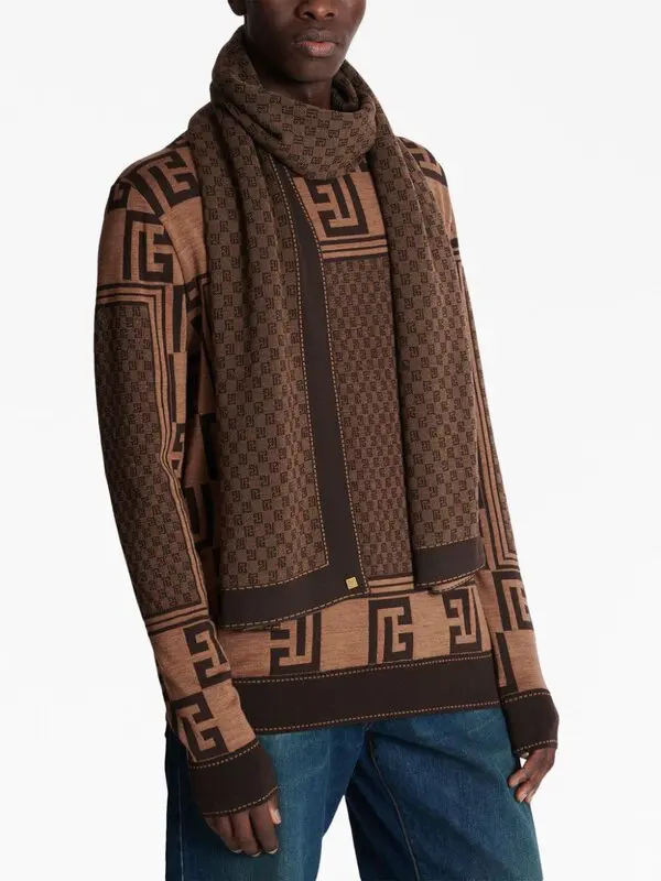 Balmain Monogram-pattern Fine-knit Scarf
