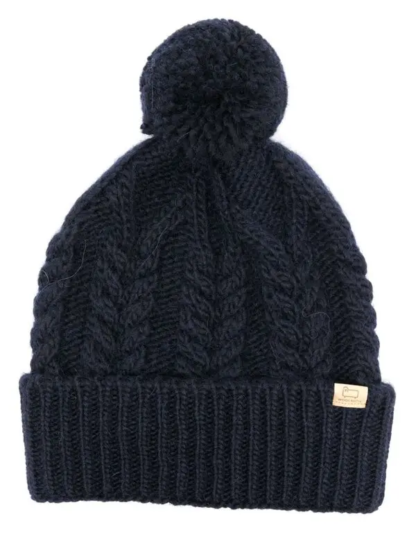 Woolrich Logo-patch Cable-knit Beanie - Blue