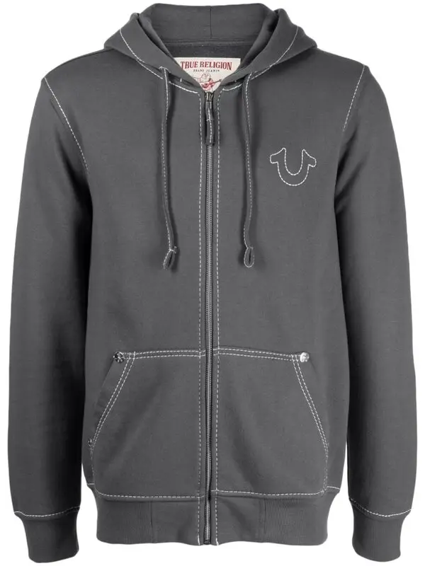 True Religion Logo-Embroidered Zip-Up Hoodie In Grey - 22% Off 