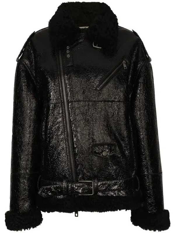 Dolce & Gabbana Frilled-collar Pebbled Leather Jacket