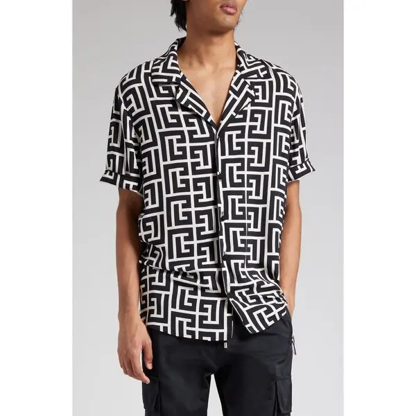 Balmain Macro Monogram Short Sleeve Pajama Shirt - Ivory/black
