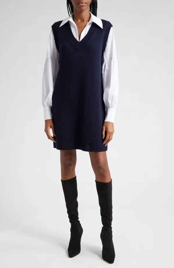 Cinq  Sept Teresita Mixed Media Long Sleeve Sweater Dress In Navy/ White -  60% Off | Editorialist
