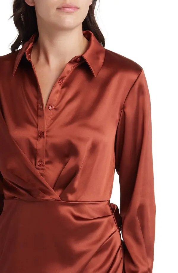 knee length dresses for ladies Sara Long Sleeve Split Satin Dress in Rust