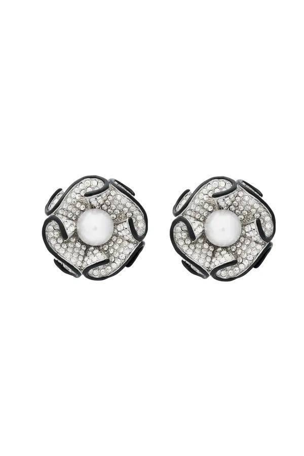 KENNETH JAY LANE Pearl Center Flower Clip Earrings - Black