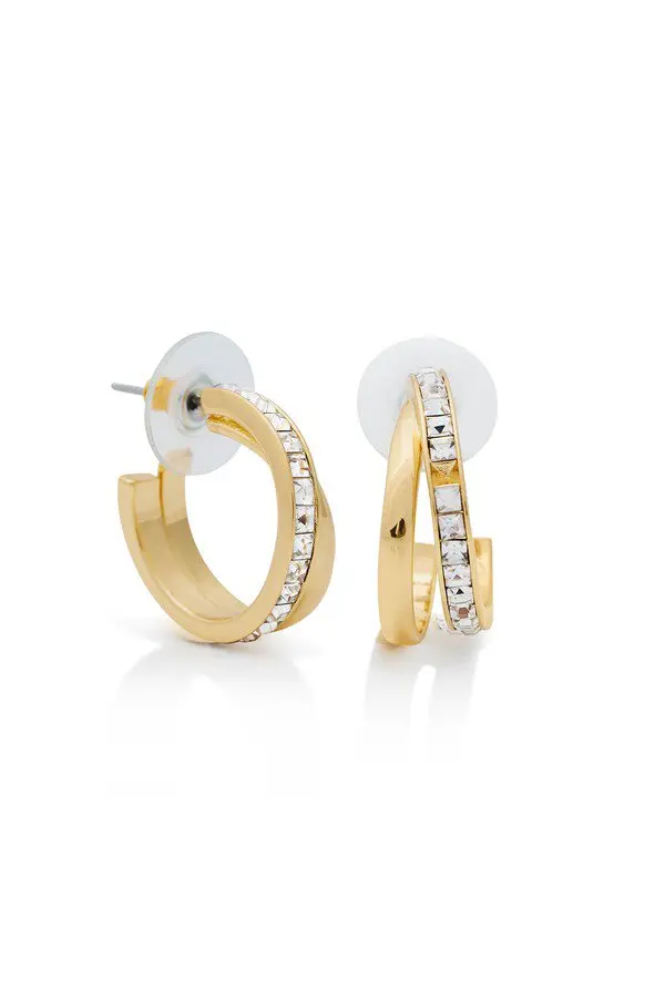 KENNETH JAY LANE Double Row Crystal Hoop Pierced Earrings - Gold