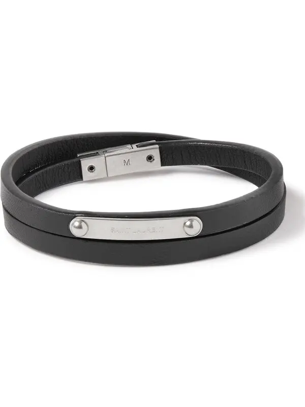 Saint Laurent Leather And Silver-tone Wrap Bracelet - Black