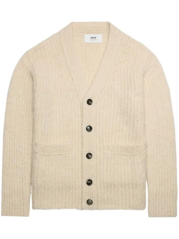 AMI Paris V-neck Rib-knit Cardigan