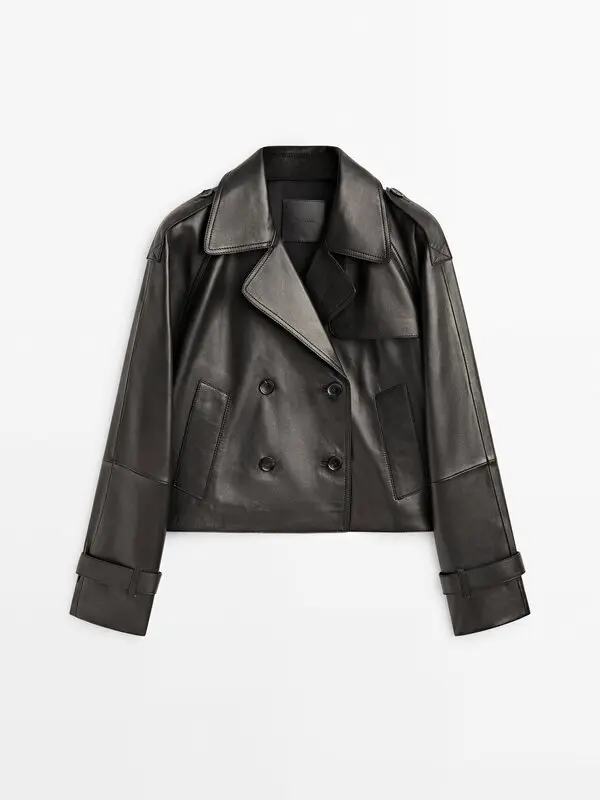 Massimo Dutti Cropped Nappa Leather Trench Coat Black Editorialist