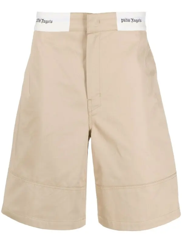 Palm Angels Logo-waistband Cotton Bermuda Shorts - Neutrals