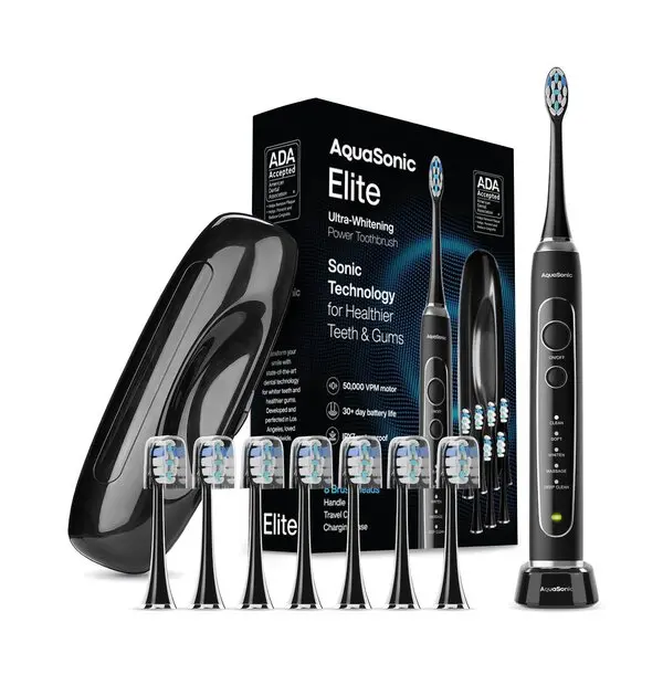 AQUASONIC Elite Advanced Ultra Whitening Rechargeable Toothbrush Set - Black