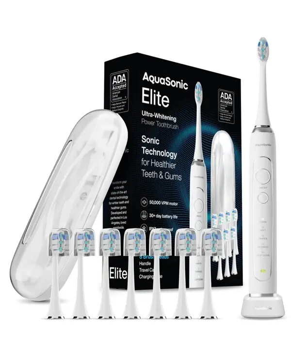 AQUASONIC Elite Advanced Ultra Whitening Rechargeable Toothbrush Set - White
