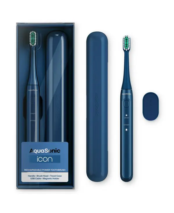 AQUASONIC Icon Rechargeable Toothbrush | Magnetic Holder & Slim Travel Case | 2 Brushing Modes & Smart Timers | Modern & Convenient - Navy