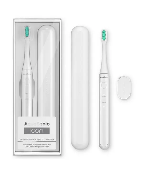 AQUASONIC Icon Rechargeable Toothbrush | Magnetic Holder & Slim Travel Case | 2 Brushing Modes & Smart Timers | Modern & Convenient - White