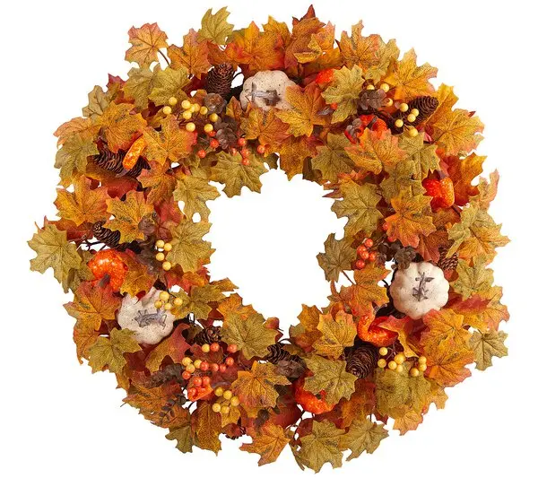 NEARLY NATURAL 30' Autumn Pumpkin & Maple Leaf Reath - One-color